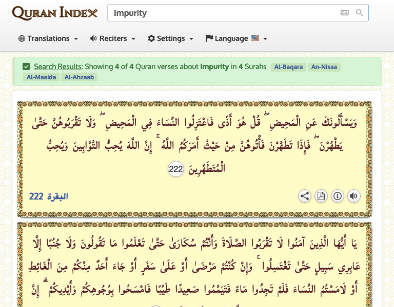 Search Impurity Topic in Quran Surahs and Verses | Quran Index & Islam