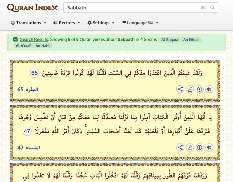 Search Sabbath Topic in Quran Surahs and Verses | Quran Index & Islam