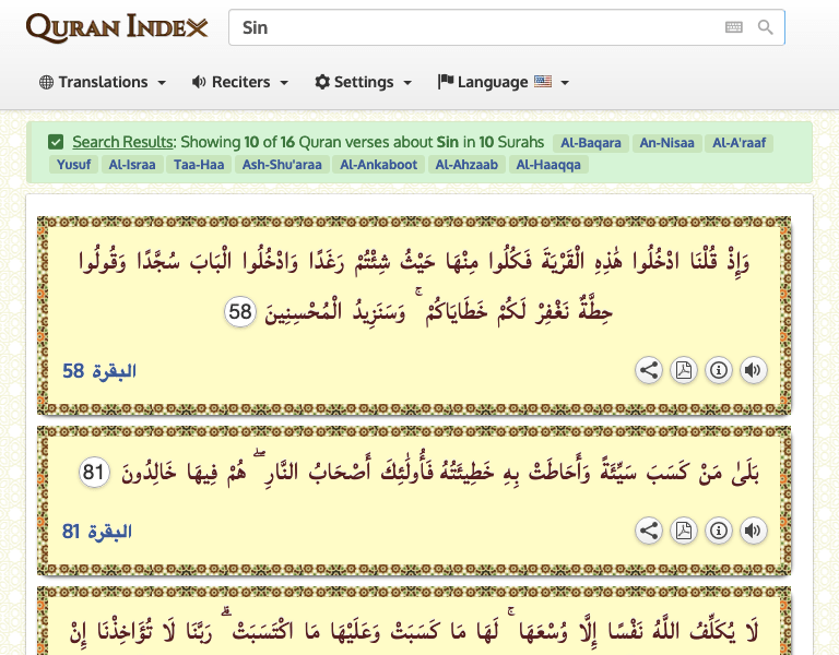 Search Sin Topic in Quran Surahs and Verses | Quran Index & Islam