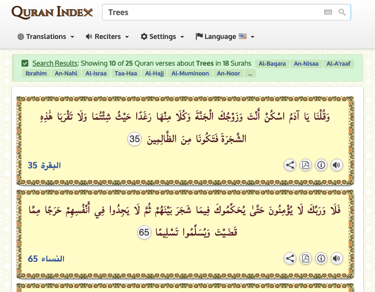 Search Trees Topic in Quran Surahs and Verses | Quran Index & Islam